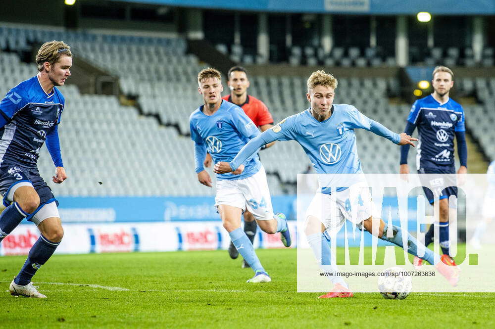 211013 Malmö FFs Hugo Bolin against Onsalas Hugo Björnberg during the ...