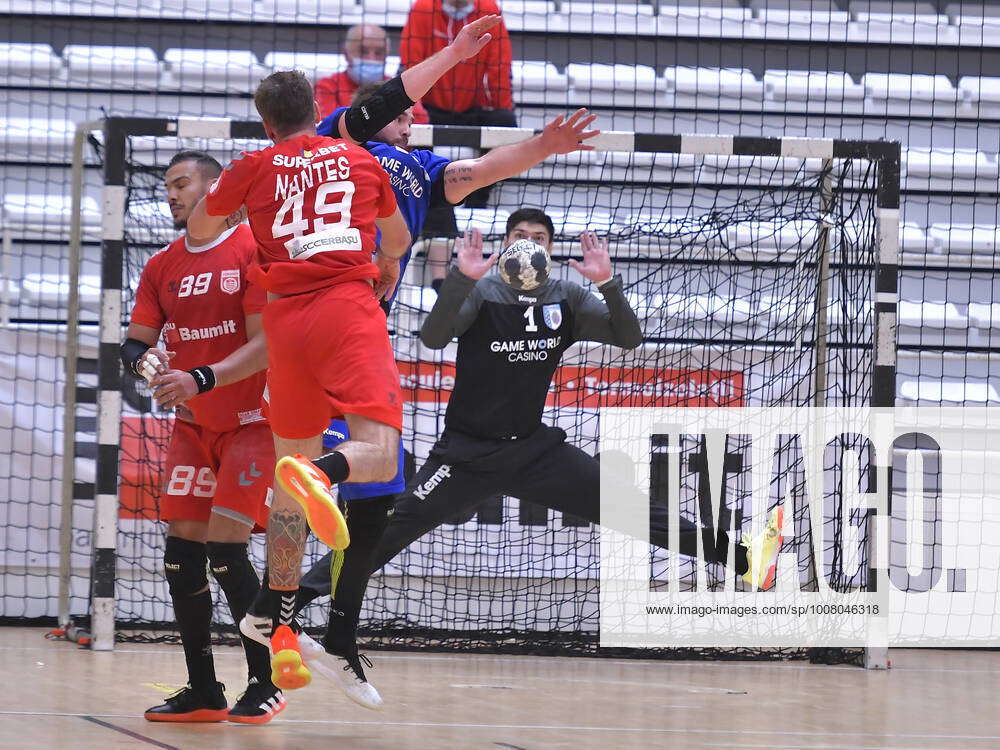 Andras Szasz and Alexandru Florin Bucataru in the mens handball match ...