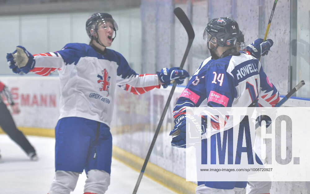 Finley Howells enjoys a successful goal in the ice hockey match between ...