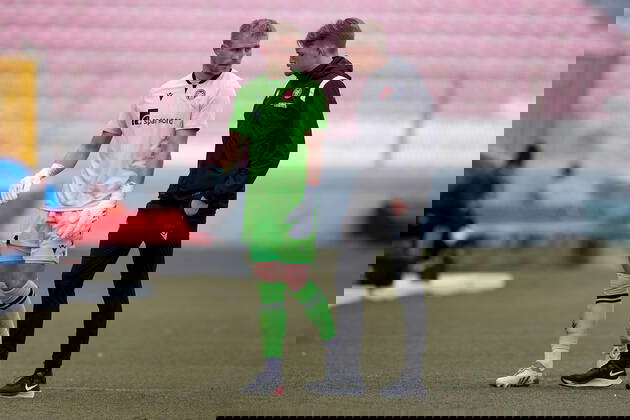 Jacob Rinne (L), goalkeeper and captain of Aalborg BK during the ...