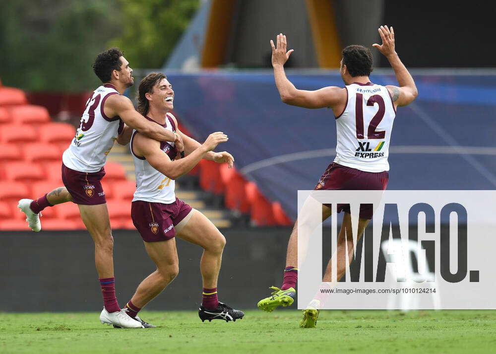 AFL LIONS CROWS, Noah Answerth of the Lions celebrates kicking a goal ...
