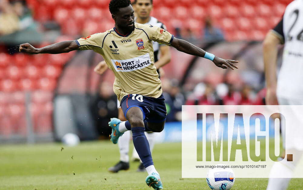 ALEAGUE JETS MACARTHUR, Olivier Boumal of the Jets takes a shot at goal ...