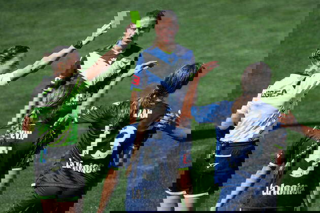 ALEAGUE WOMEN ADELAIDE VICTORY, Polly Doran of Victory gets a yellow ...