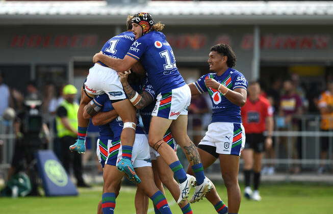 NRL WARRIORS BRONCOS, Jesse Arthars of the Warriors celebrates scoring ...