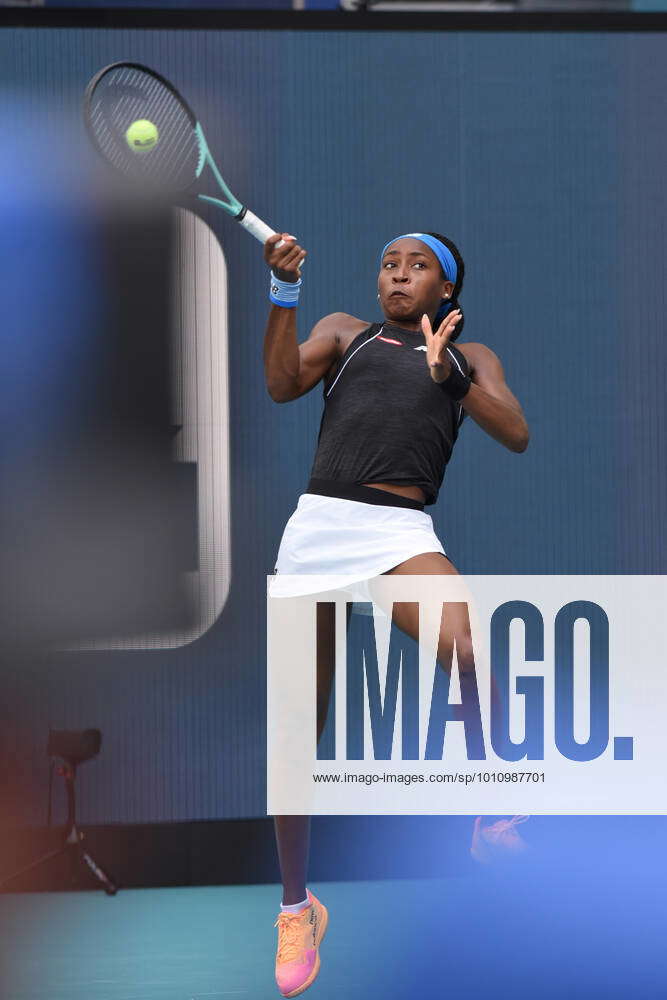 MIAMI GARDENS, FL - APRIL 1: Coco Gauff hits a forehand during the ...