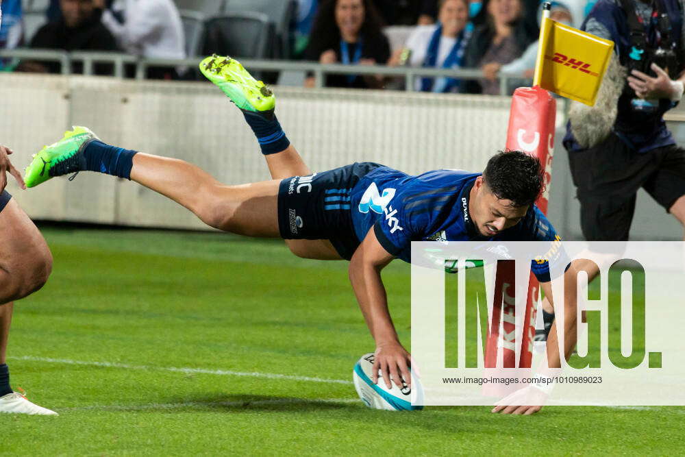 SUPER RUGBY BLUES PASIFIKA, Blues winger AJ Lam dives over to score a ...