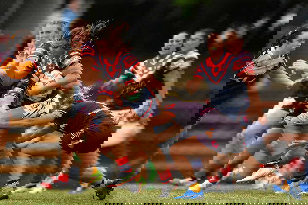NRLW BRONCOS ROOSTERS, Jessica Sergis of the Roosters is tackled by ...