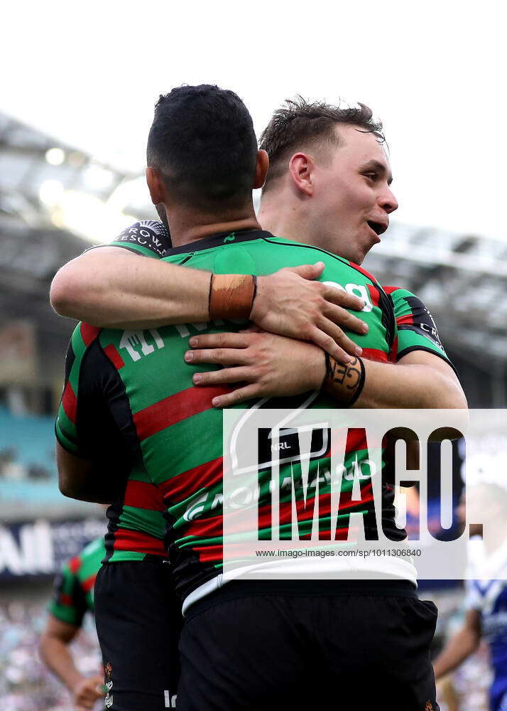 NRL RABBITOHS BULLDOGS, Alex Johnston of the Rabbitohs celebrates ...