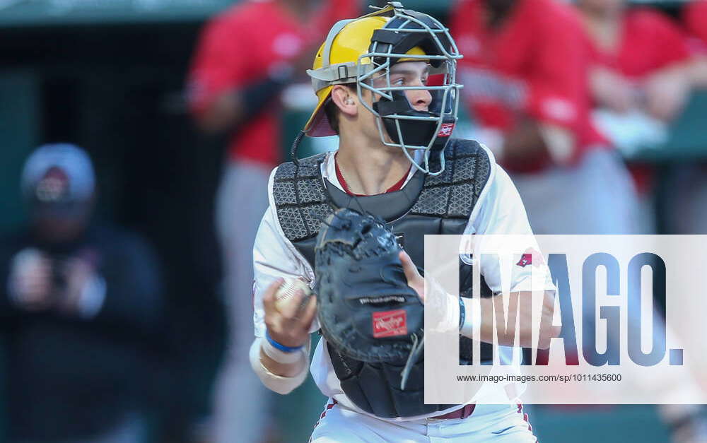 April 19, 2022: Razorback catcher Dylan Leach 15 comes up ready to make ...