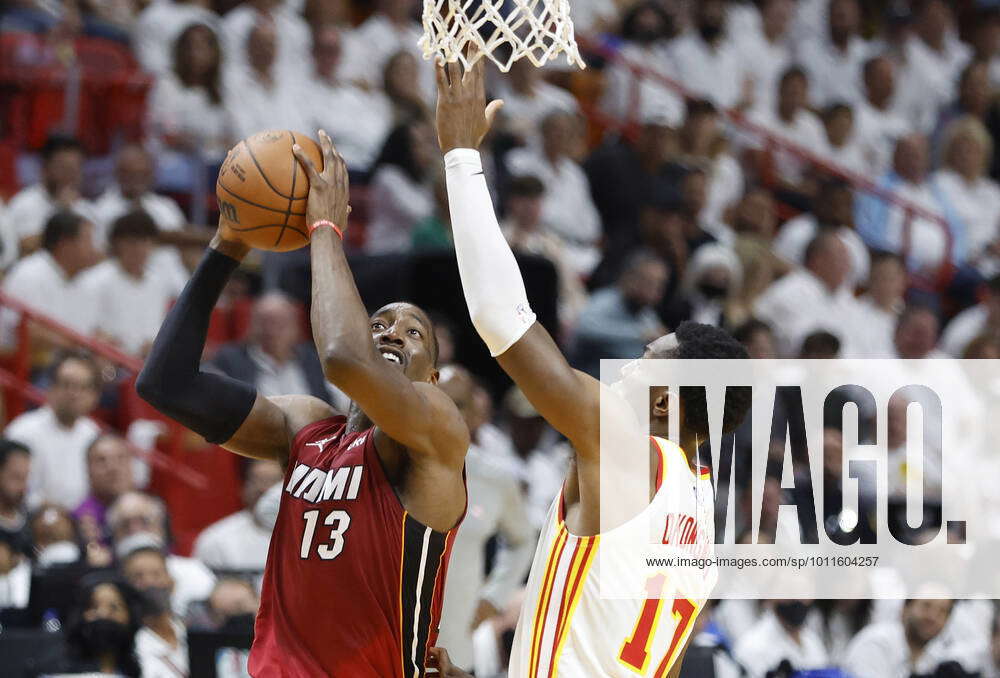 Atlanta Hawks forward Onyeka Okongwu defends Miami Heat canter Bam ...