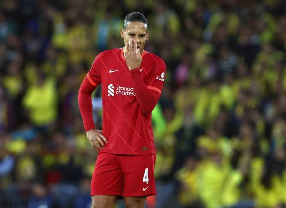 Liverpool, England, 27th April 2022. Virgil van Dijk of Liverpool puts ...