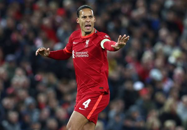 Liverpool, England, 27th April 2022. Virgil van Dijk of Liverpool puts ...