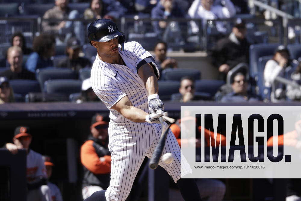 New York Yankees designated hitter Giancarlo Stanton breaks his bat on ...