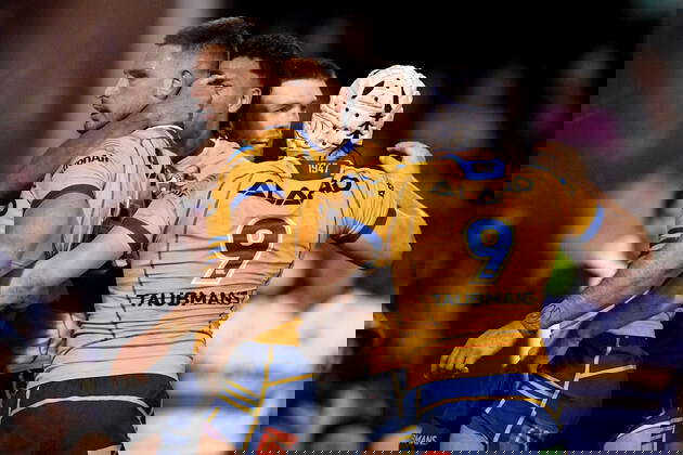 NRL PANTHERS EELS, Ryan Matterson of the Eels is tackled by Liam Martin ...