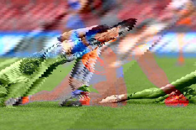 AFL GIANTS EAGLES, Jake Riccardi of the Giants celebrates kicking a ...