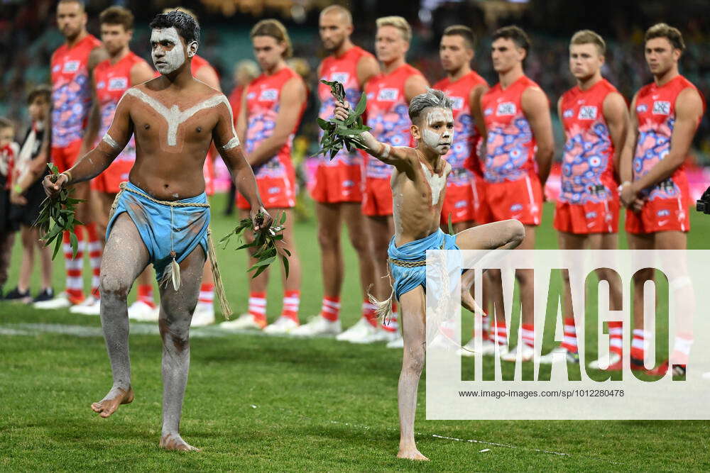 AFL SWANS TIGERS, Indigenous dancers perform during the AFL Marn Grook ...