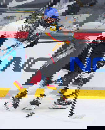 Lukas Reichel Nr.73 of Germany compete, fight for the puck against ...