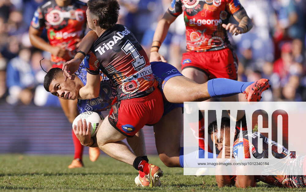 NRL BULLDOGS DRAGONS, Chris Patolo of the Bulldogs is tackled during ...