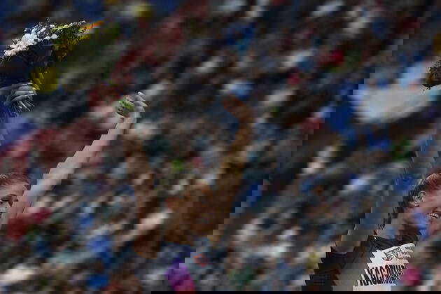 Polish athlete sprinter Natalia Kaczmarek celebrates victory after the ...