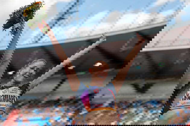 Polish athlete sprinter Natalia Kaczmarek celebrates victory after the ...