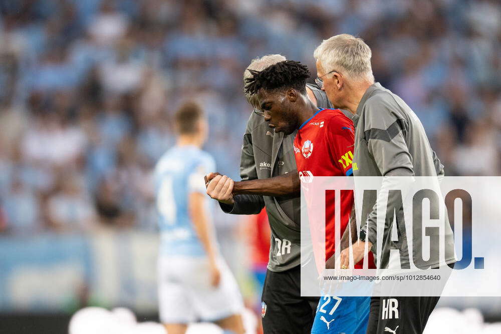 220627 Helsingborgs Benjamin Acquah is in pain during the football ...