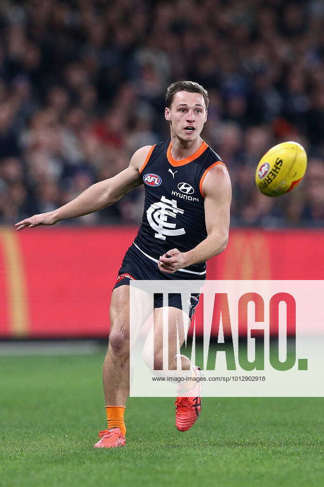 AFL BLUES SAINTS, Corey Durdin of the Carlton Blues kicks the ball ...
