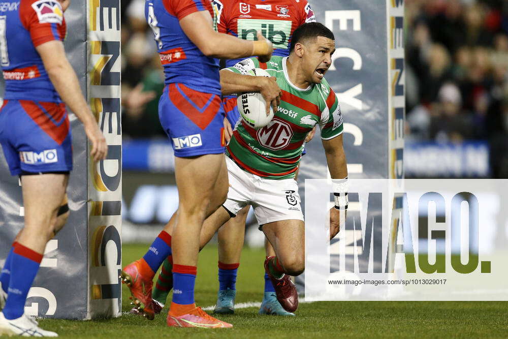 NRL KNIGHTS RABBITOHS, Cody Walker of the Rabbitohs celebrates scoring ...