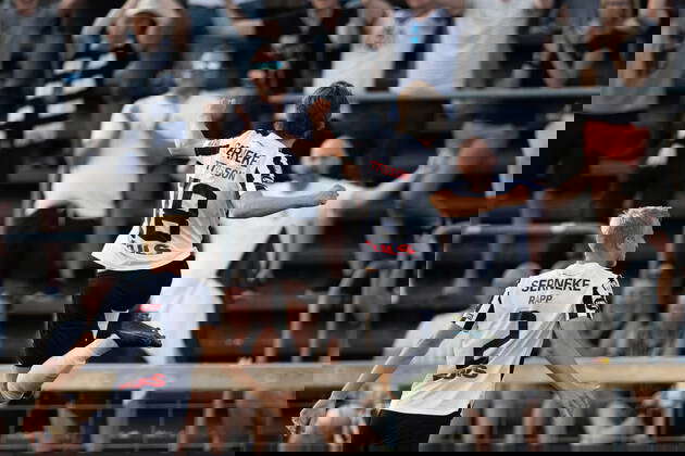 Landskronas Filip Ottosson celebrates after 3 1 with Linus Olsson ...