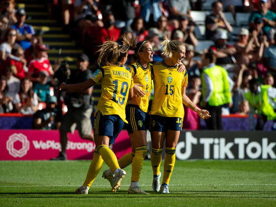 Kosovar Asllani Sweden 9, Rebecka Blomqvist Sweden 15 cheer over goal ...