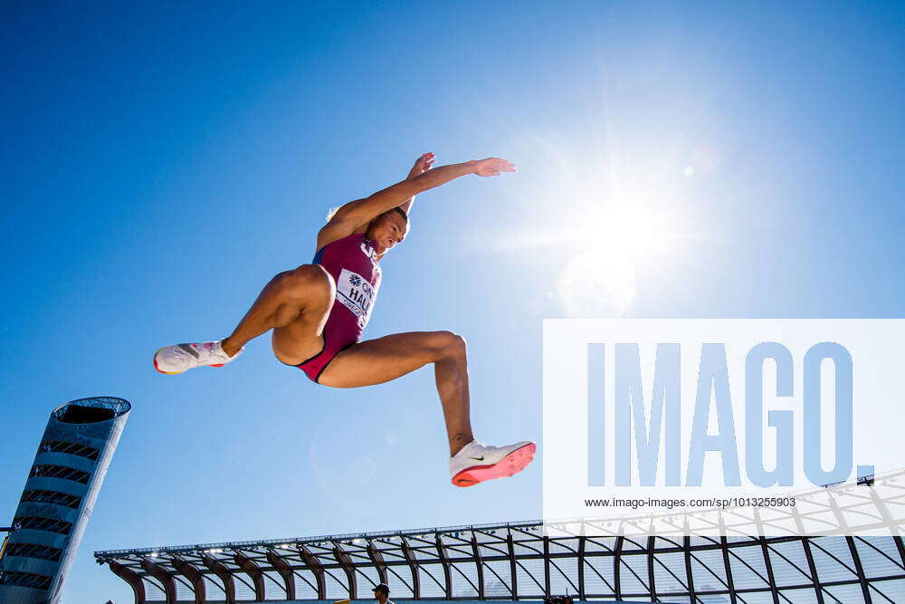 Anna Hall pictured in action during the long jump competition, part of ...