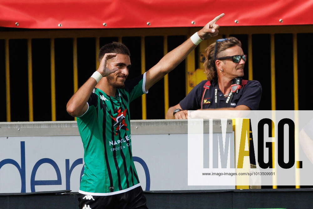 Cercle s Louis Torres celebrates after scoring during a soccer match ...