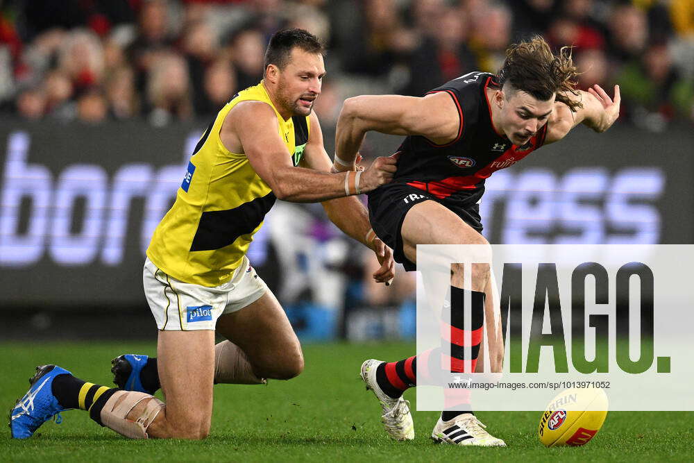 AFL BOMBERS TIGERS, Toby Nankervis of Richmond (left) tackles Sam ...