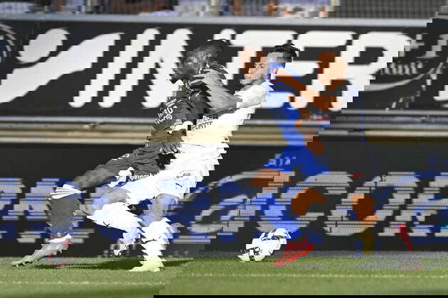 Antoine Leautey vs Dylan Tavares Dos Santos FOOTBALL : Amiens SC vs SC Bastia - Ligue 2 BKT - J