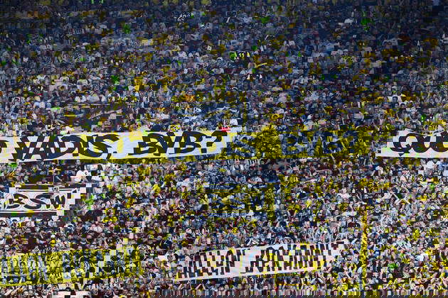 Banners and banners of BVB fans on the south stand against the high ...