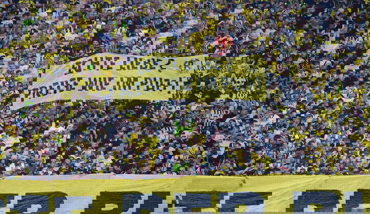 Banners and banners of BVB fans on the south stand against the high ...