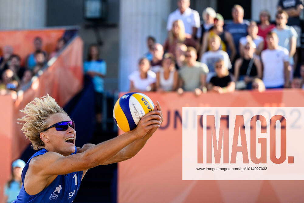 220821 David Ahman of Sweden competes in the mens beach volleyball ...