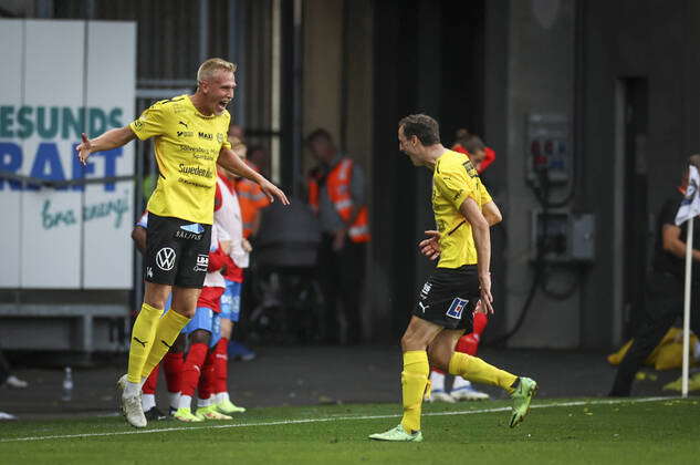 HELSINGBORG 20220828 Mjällbys Herman Johansson cheers after scoring 0 1 ...