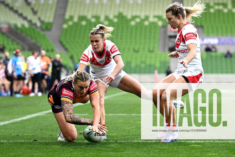 NRLW BRONCOS DRAGONS, Julia Robinson of the Broncos scores a try during ...