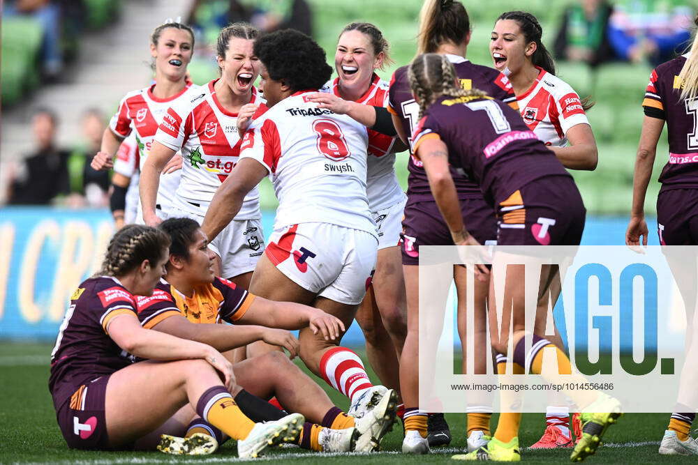 NRLW BRONCOS DRAGONS, Elsie Albert of the Dragons (centre) celebrates ...