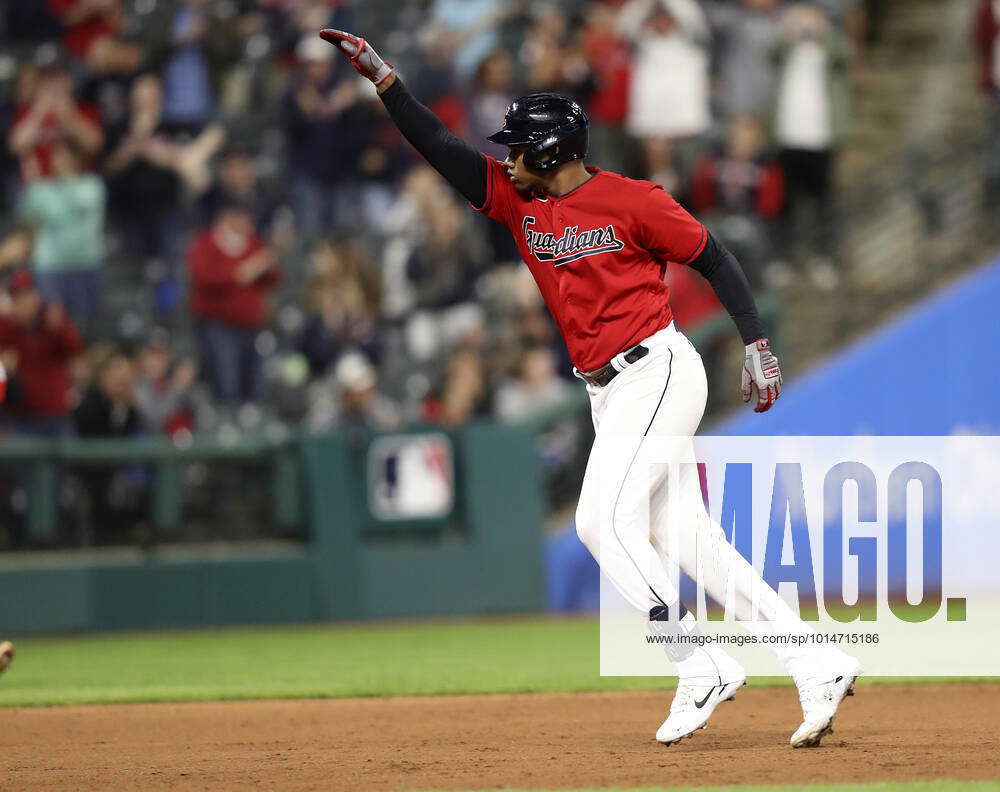 Cleveland Guardians Oscar Gonzalez (39) celebrates as he rounds the ...