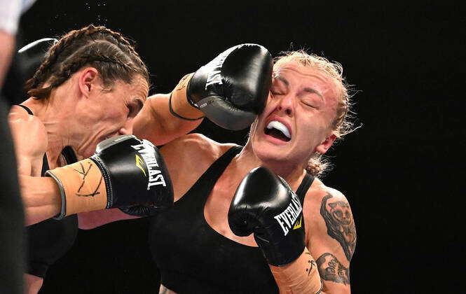 BOXING GALLEN ORIGIN RUMBLE, Ange Harries lands a punch on Angel ...