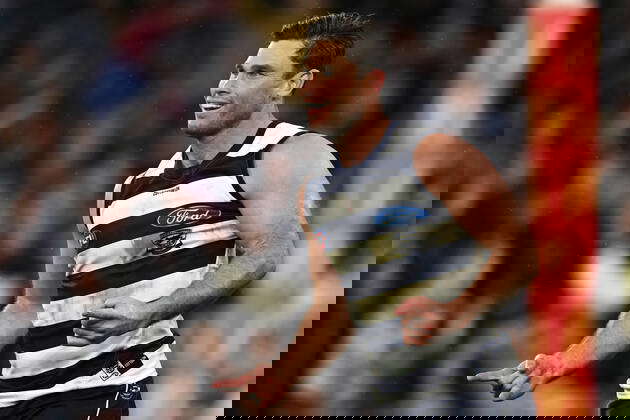 AFL CATS LIONS, Tom Hawkins of Geelong celebrates kicking a goal during ...