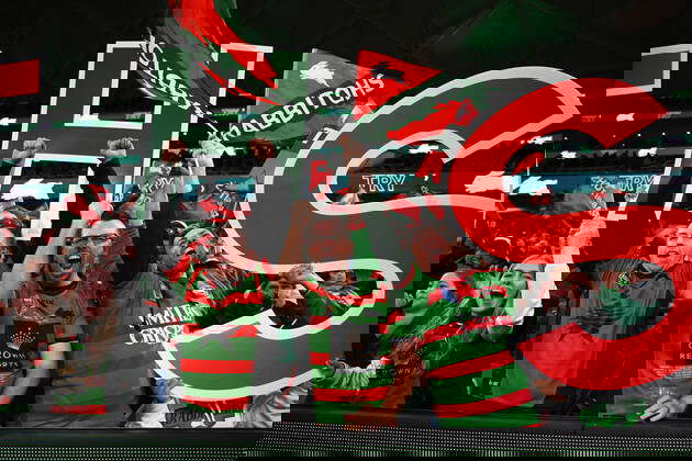 NRL SHARKS RABBITOHS, Rabbitohs fans celebrate Mark Nicholls of the ...