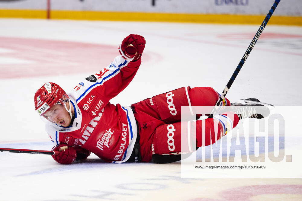 220922 Timras Erik Andersson is exposed to a trip during the ice hockey match in the SHL between