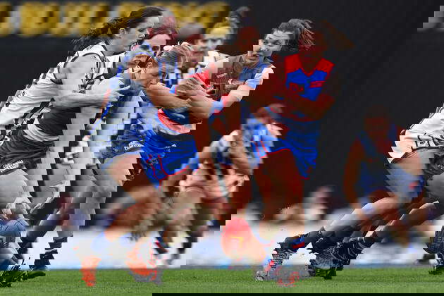 AFLW BULLDOGS KANGAROOS, Isabelle Pritchard of the Bulldogs tackles ...