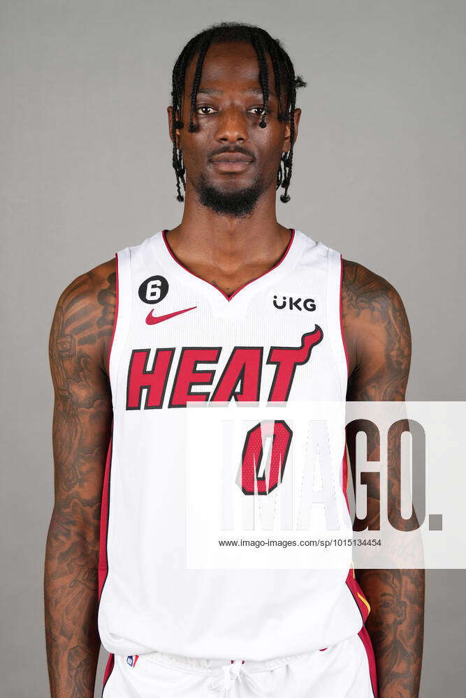 Sep 26, 2022; Miami, FL, USA; Miami Heat guard Marcus Garrett (0) poses ...