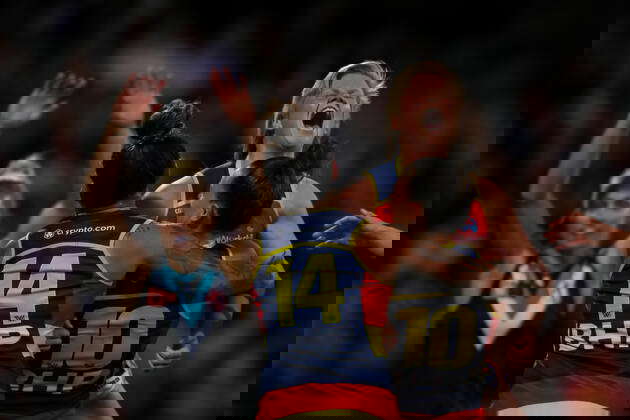 AFLW POWER CROWS, Jess Waterhouse of the Crows celebrates a goal with ...