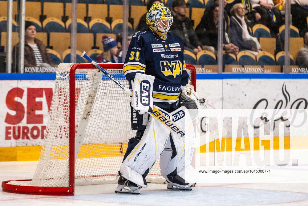 221001 goalkeeper Joni Ortio during the warm-up in the ice hockey match in the SHL between HV