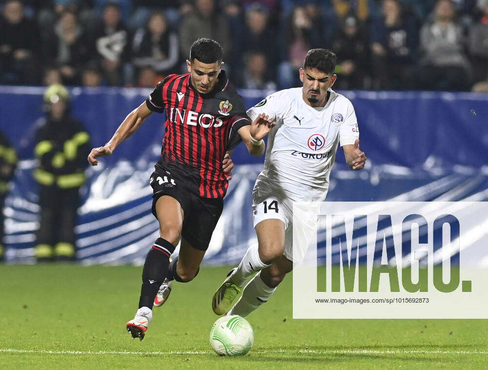 Youcef Atal of Nice, left, and Merchas Doski of Slovacko in action ...