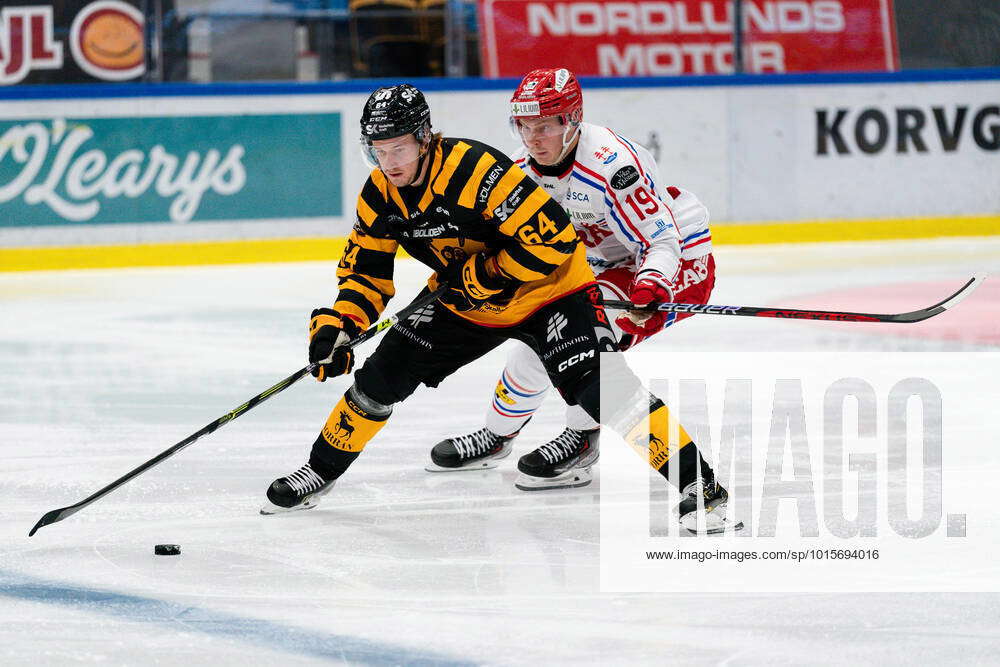 221006 Skelleftea Jonathan Pudas and Timras Erik Andersson during the ice hockey match in the SHL